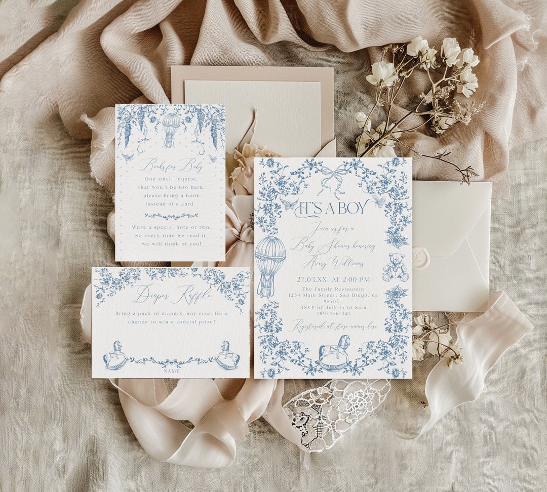 Toile De Jouy Blue Baby Shower Invitation Bundle, Editable Teddy Bear ...