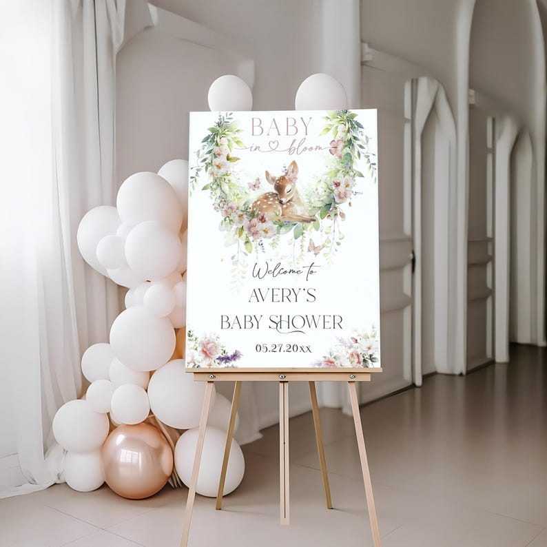 Baby in Bloom Deer Baby Girl Shower Welcome Sign, Woodland Baby Shower ...