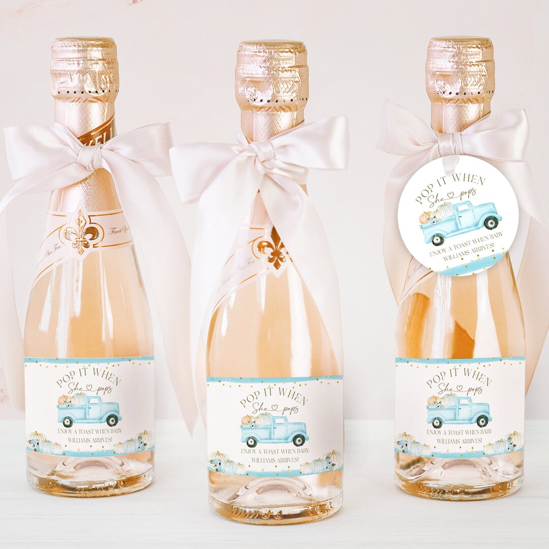 Pop It When She Pops Mini Champagne Labels, Printed Wine Labels, Blue ...