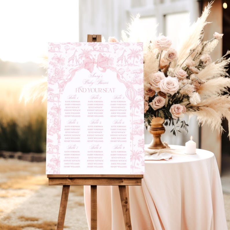 Pink Toile Safari Seating Plan Sign: Floral Baby Shower Decor (PDF ...