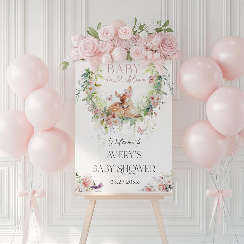 Baby in Bloom Deer Baby Girl Shower Welcome Sign, Woodland Baby Shower ...