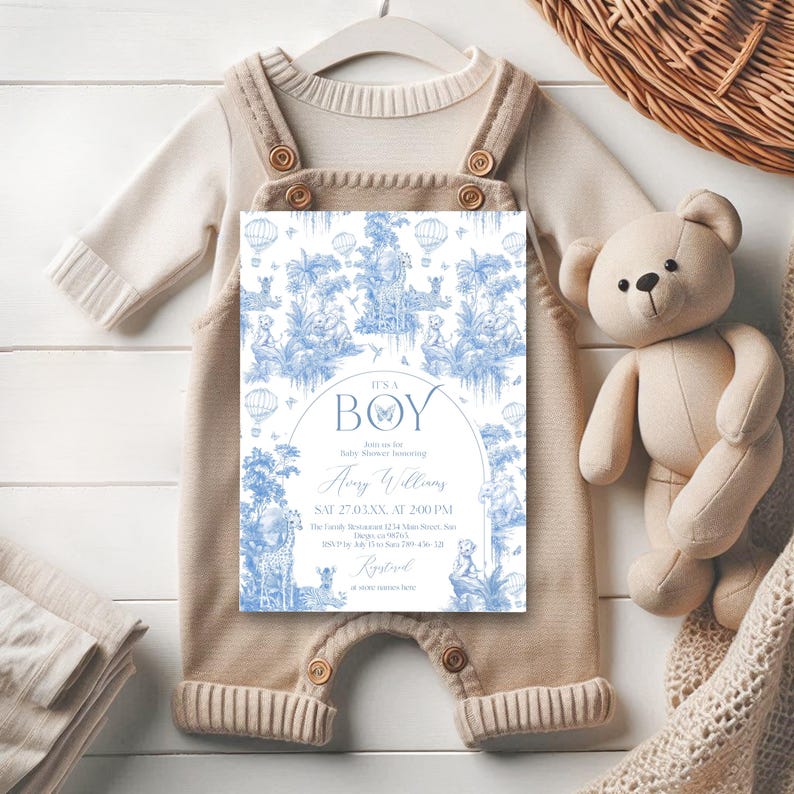 It's a Boy Baby Shower Invitation Safari Theme, Dusty Blue Toile Invite ...