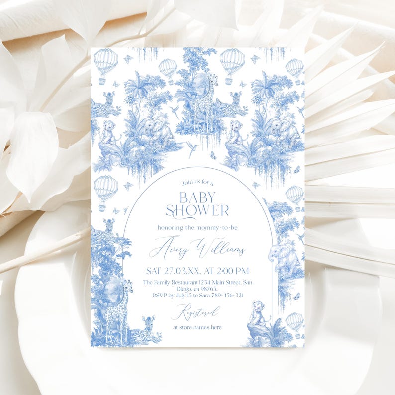 Dusty Blue Toile De Jouy Safari Baby Shower Invitation, Safari Animal ...