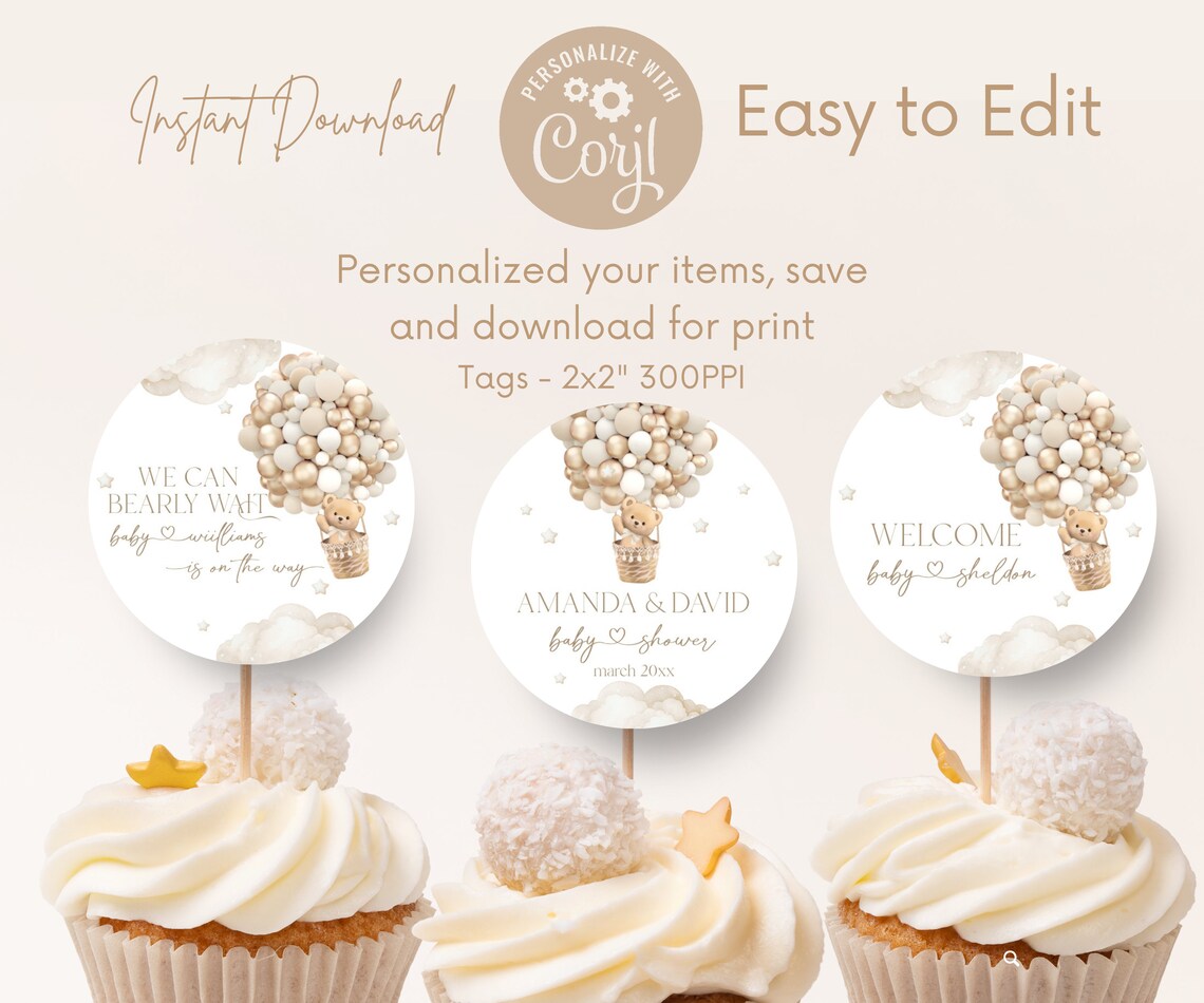 Editable Bear Balloon Cupcake Toppers, Printable Baby Shower Cupcake ...