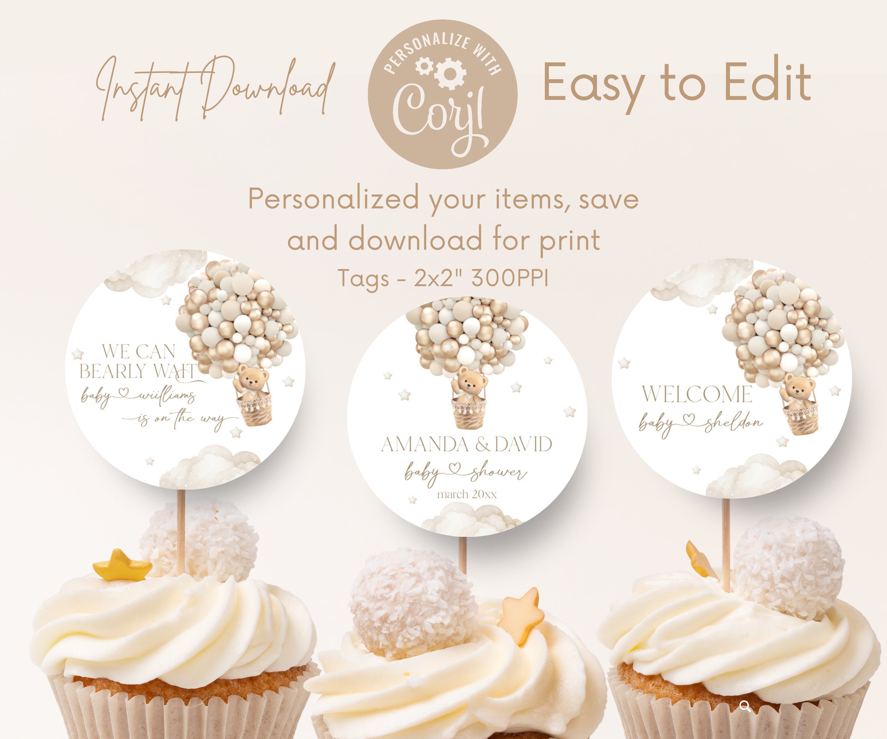 Editable Bear Balloon Cupcake Toppers, Printable Baby Shower Cupcake ...