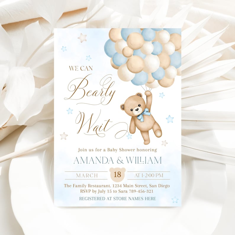 Bearly Wait Baby Boy Shower Invitation, Editable Bear Theme Invite ...