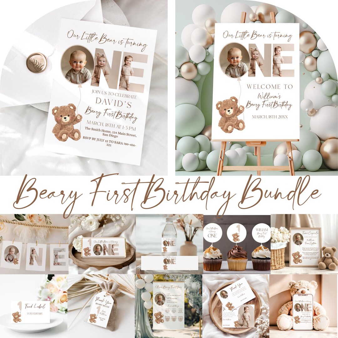 Beary First Birthday Bundle, Little Bear is One Minimal Photo Digital ...