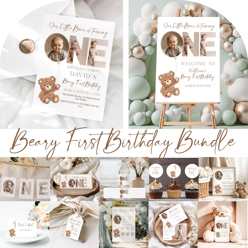Beary First Birthday Bundle, Little Bear is One Minimal Photo Digital ...