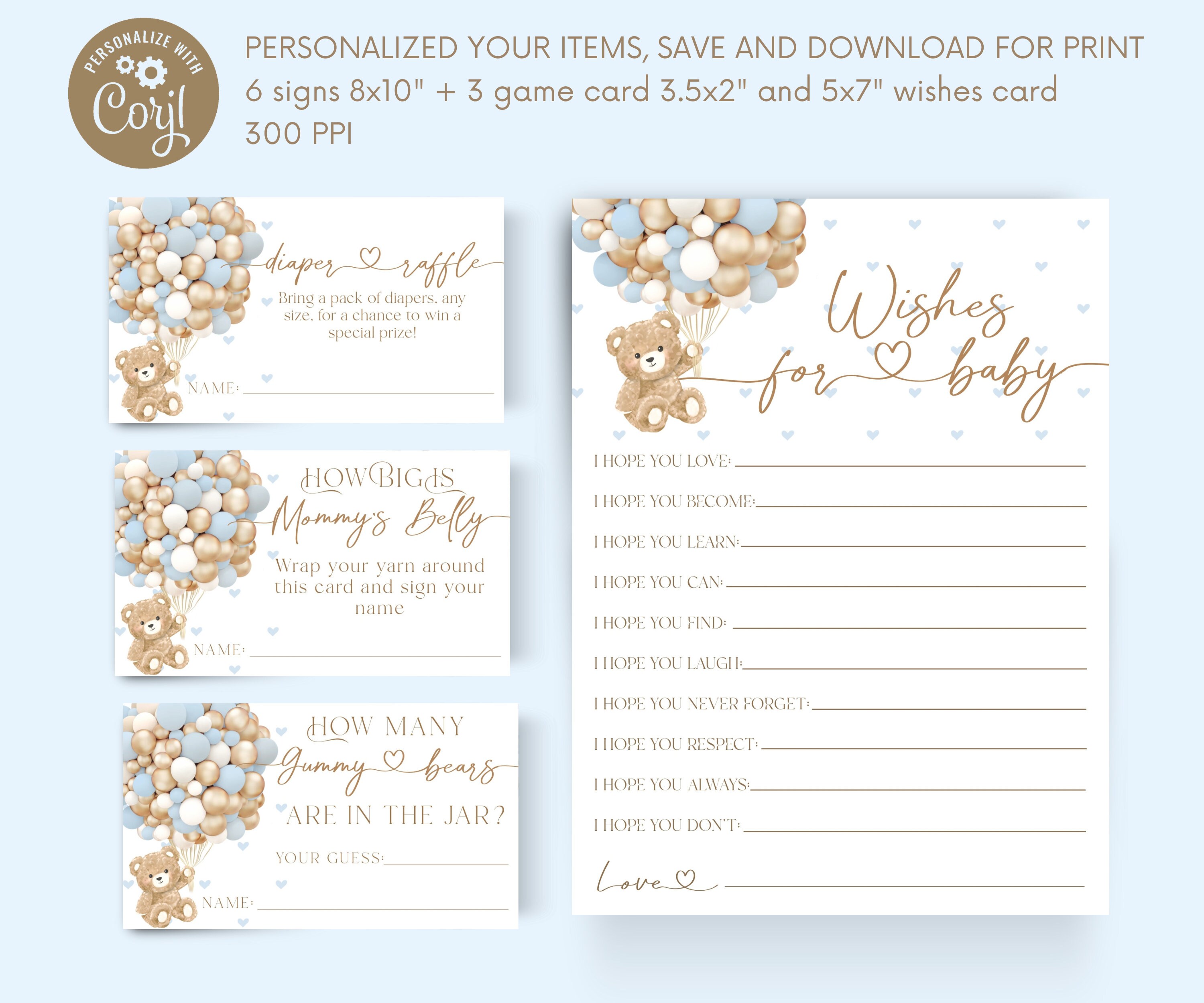 Editable Baby Shower Game Signs Bundle, Bear Theme Baby Shower Game, Bear Blue Balloon, Baby ...
