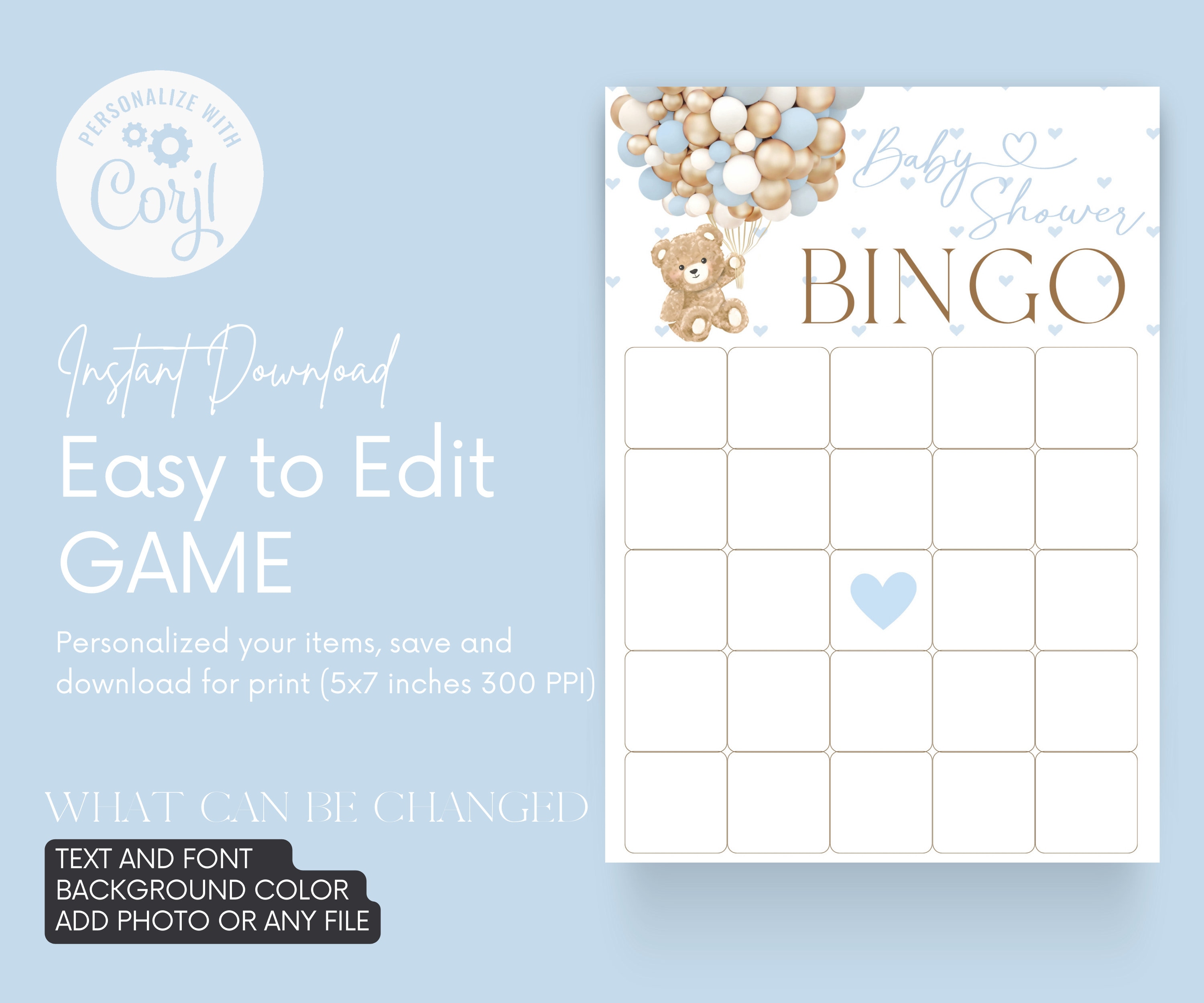 Bear Baby Shower Bingo Game, Blue Balloon (PDF) - Etsy