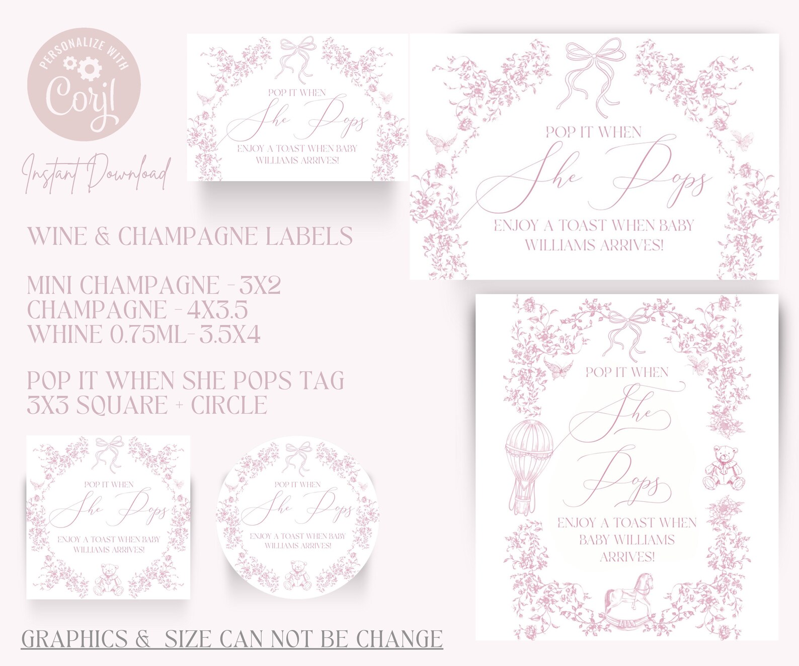 Pop It When She Pops Champagne Labels, Pink Girl Baby Shower Printed ...