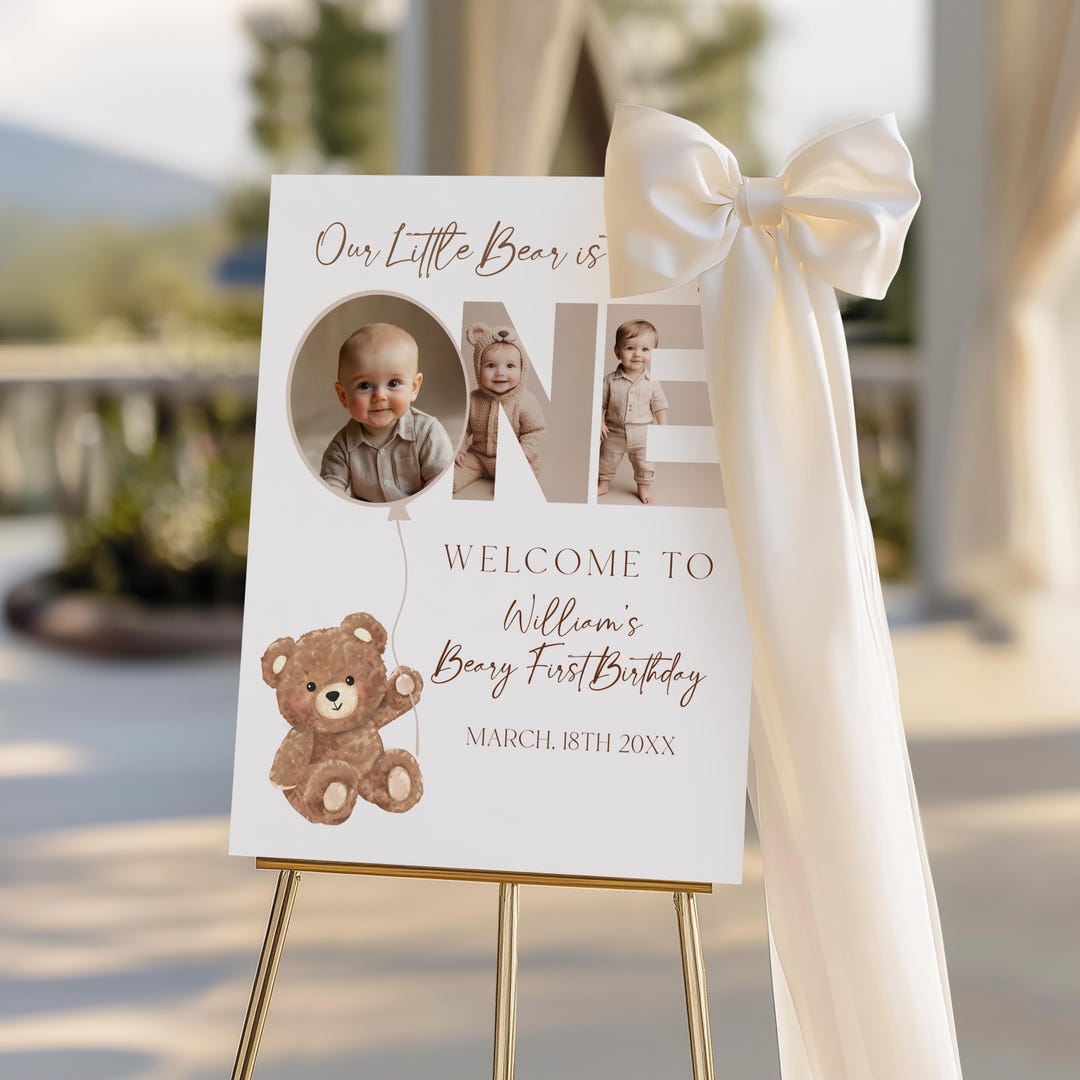 Little Bear First Birthday Welcome Sign With Photo, Editable Neutral ...