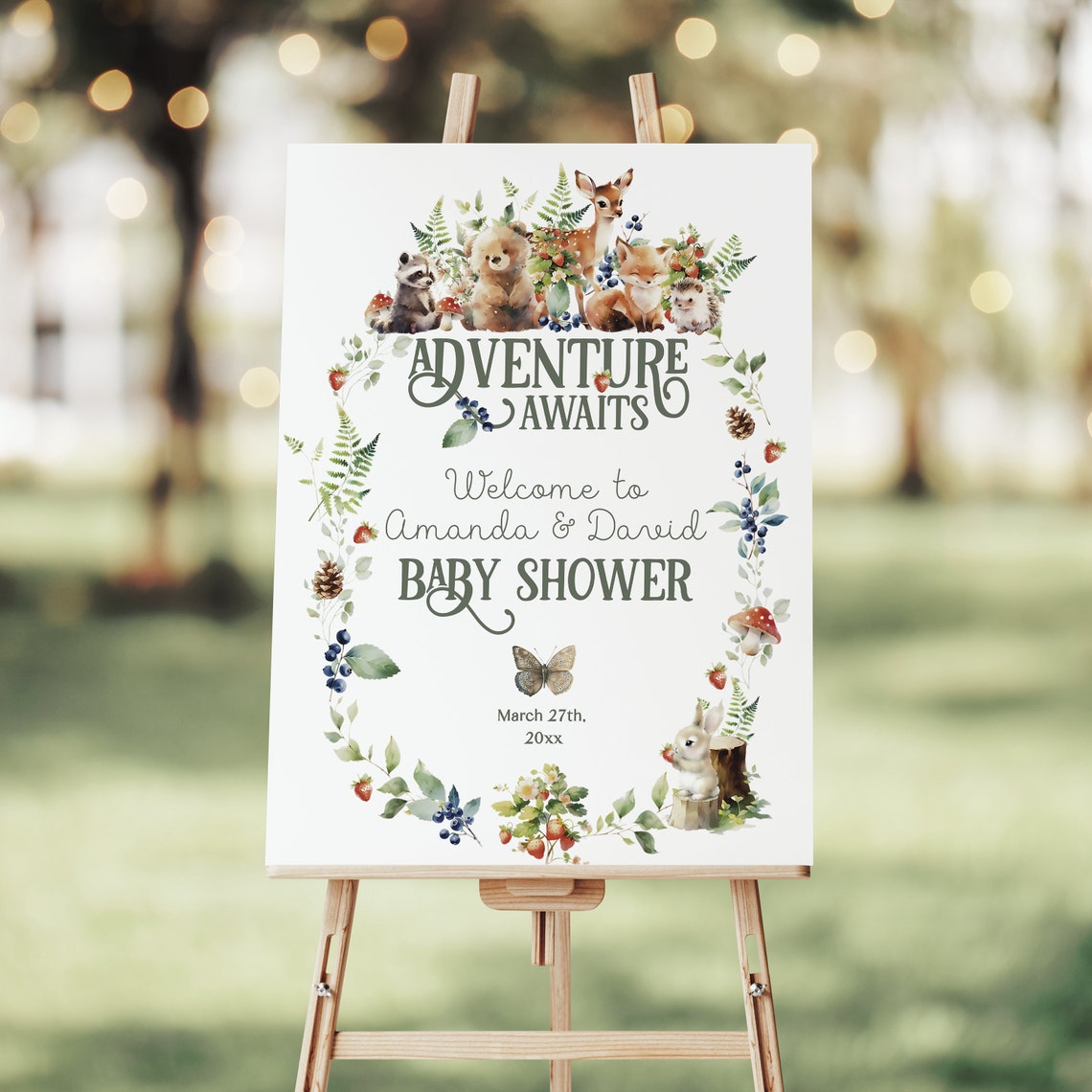 Woodland Animals Baby Shower Welcome Sign, Adventure Awaits (digital ...