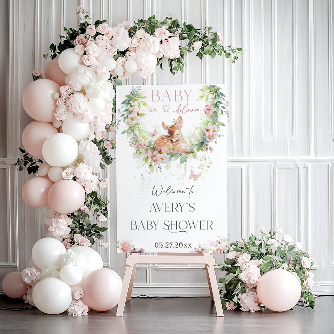 Baby in Bloom Deer Baby Girl Shower Welcome Sign, Woodland Baby Shower ...