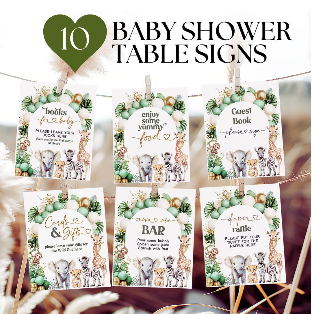 Safari Baby Shower Bundle Table Signs, Wild One Balloon Baby Shower ...