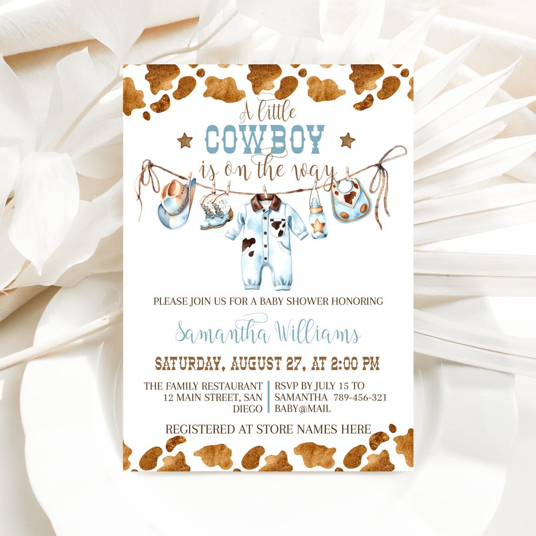 A Little Cowboy Baby Shower Invitation, Baby Clothest Line Wild West ...