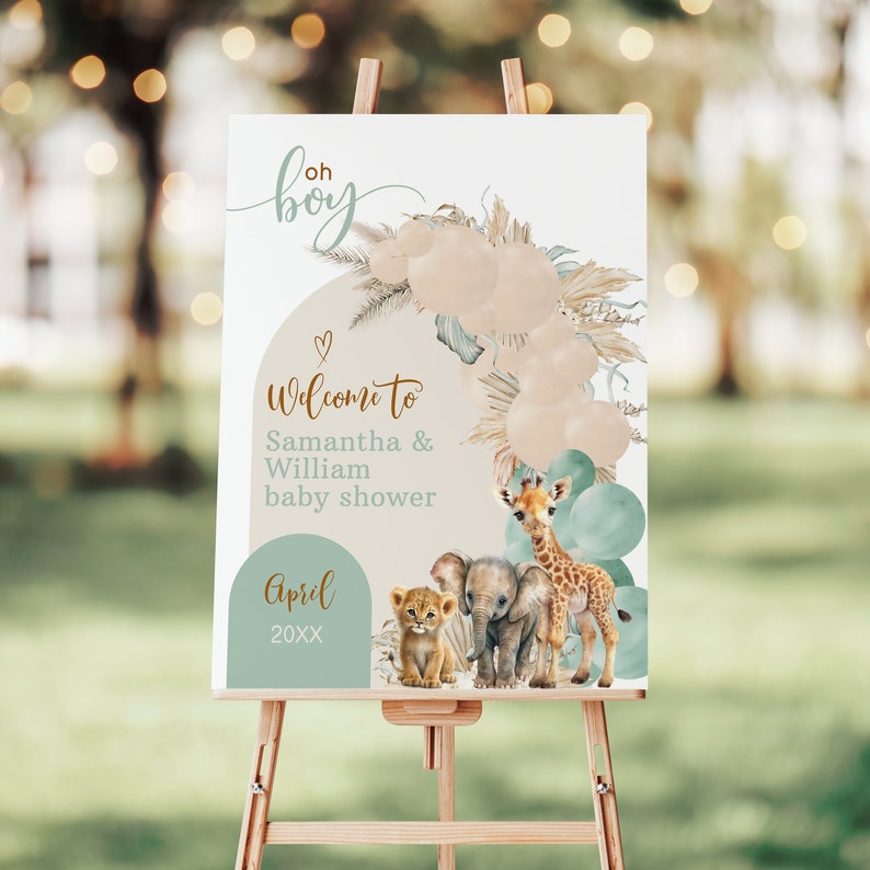 Editable Safari Animals Baby Shower Welcome Sign, Oh Boy Baby Shower ...
