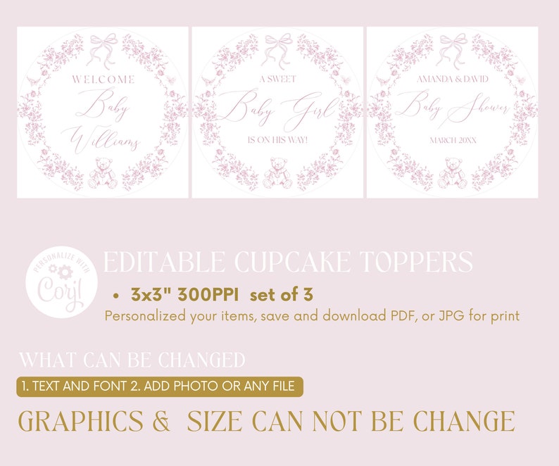Cupcake Toppers Printable, Pink Toile French Baby Shower Editable ...