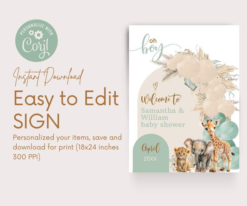 Editable Safari Animals Baby Shower Welcome Sign, Oh Boy Baby Shower ...