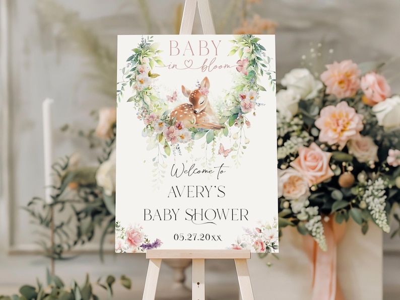 Baby in Bloom Deer Baby Girl Shower Welcome Sign, Woodland Baby Shower ...