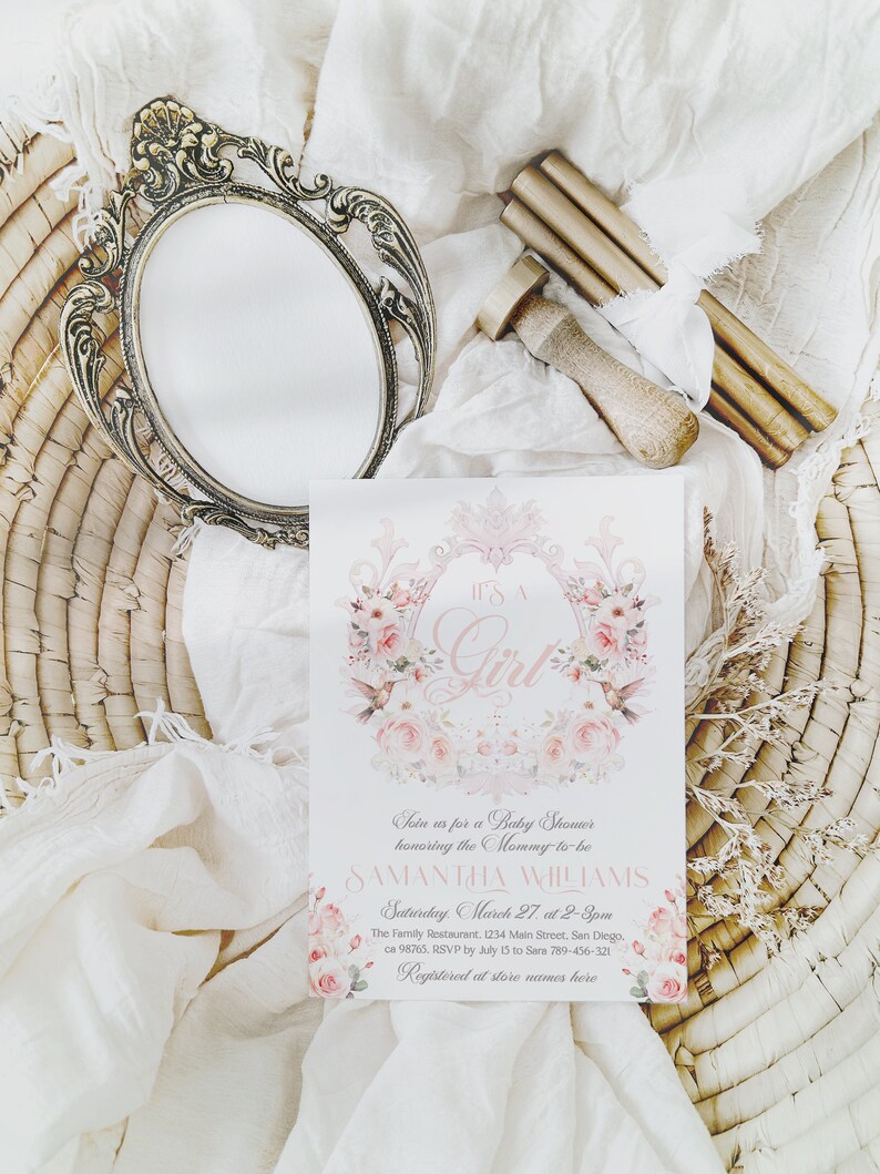 Pink Roses Crest Baby Shower Invitation, Floral Girl (PDF, JPG) - Etsy