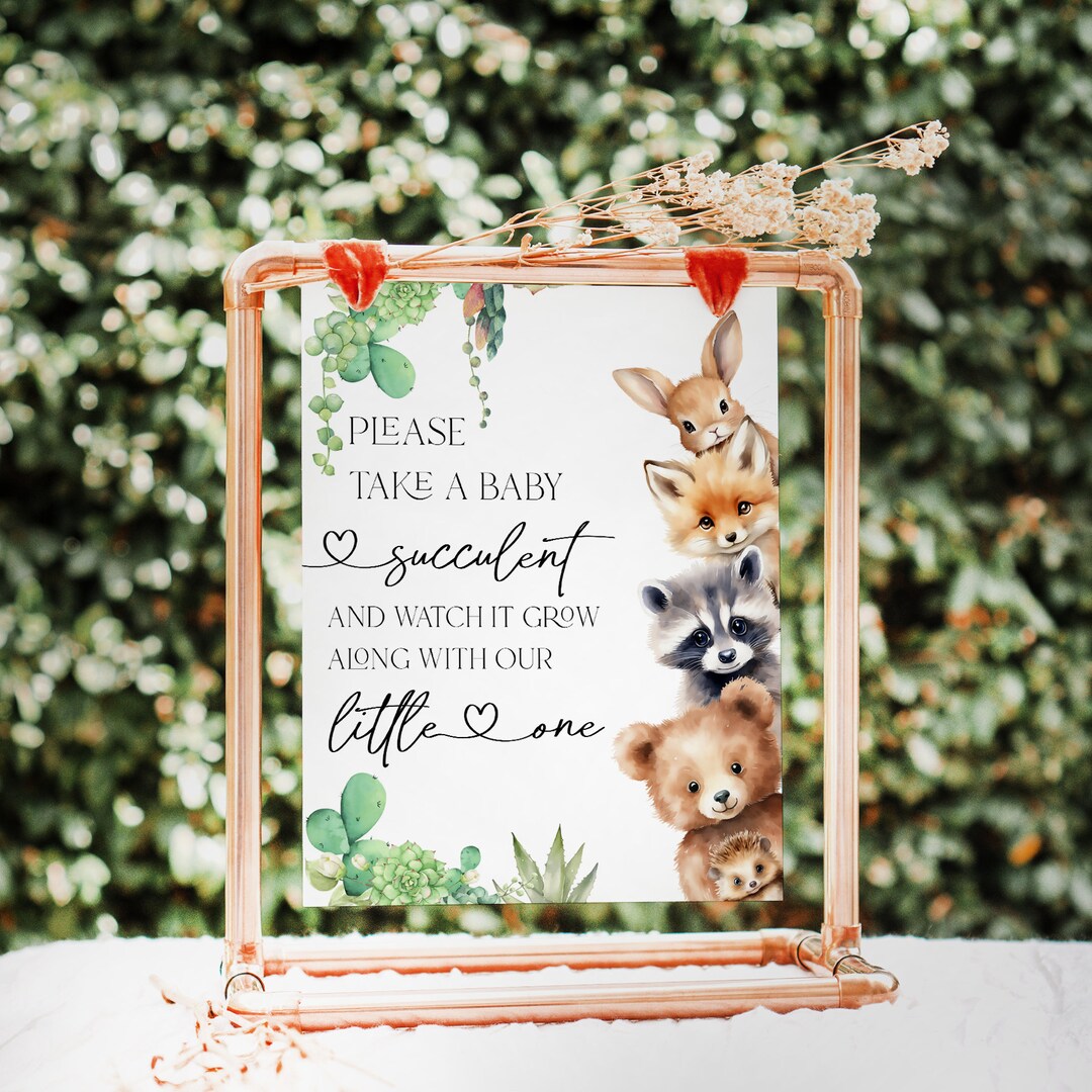 Baby Succulent Favor Sign, Watch Me Grow Sign, Woodland Animal Baby ...