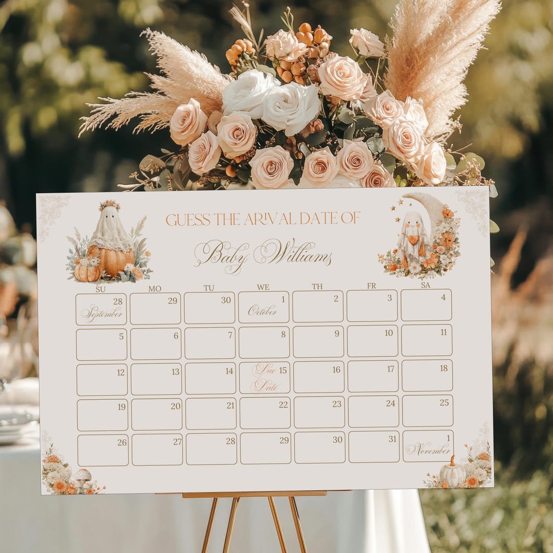 Due Date Sign, Boho Elegant Little Boo Baby Shower Guess Birth Data ...