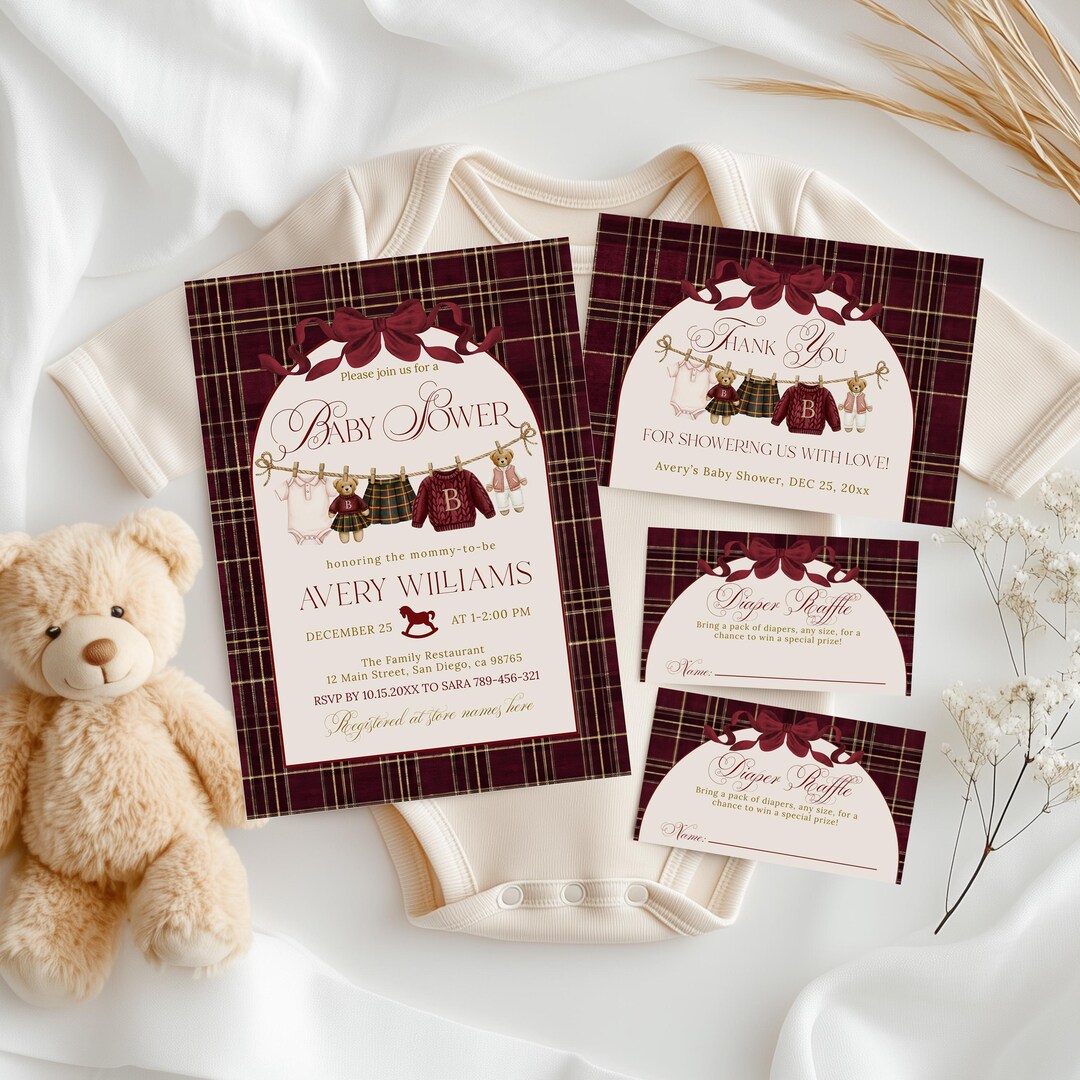 Plaid Teddy Bear Baby Shower Invitation Bundle Girl, Red Bow Canva ...