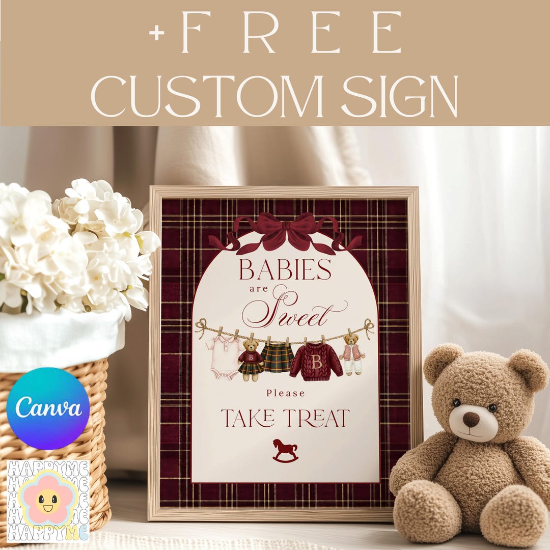Teddy Bear Baby Shower Sweet Treats Sign, Plaid Bow Decor (canva ...