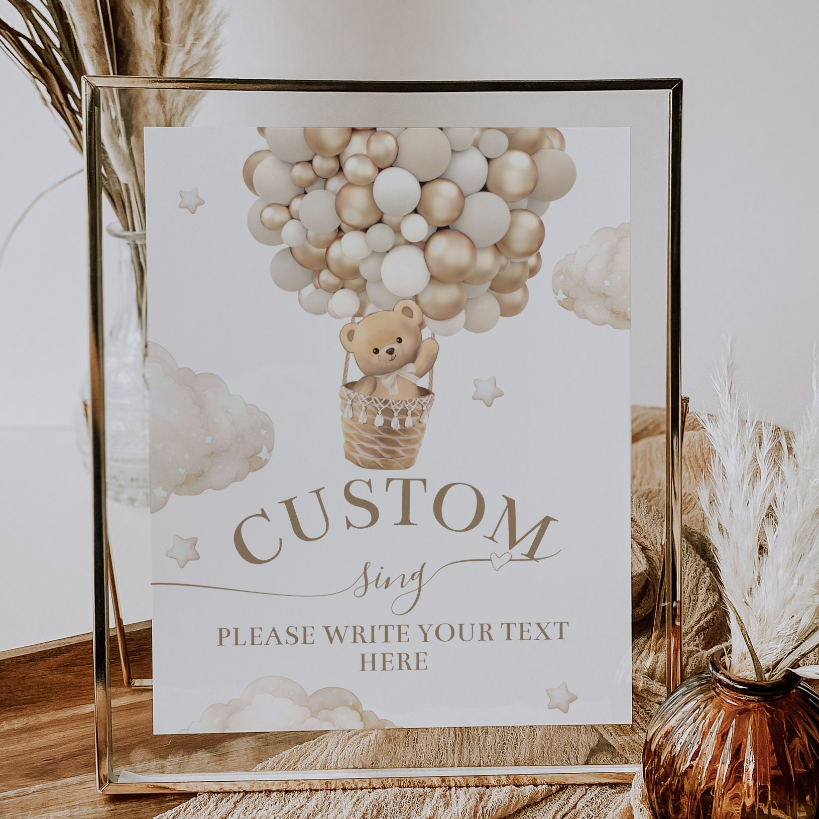Custom Sign Bear Theme for Baby Shower, Edit Teddy Bear Hot Air Balloon ...
