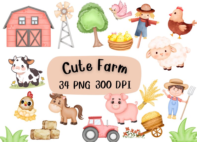 Farm Animal Watercolor Clipart Farm Clipart, Animal Clipart, Cute Farm ...