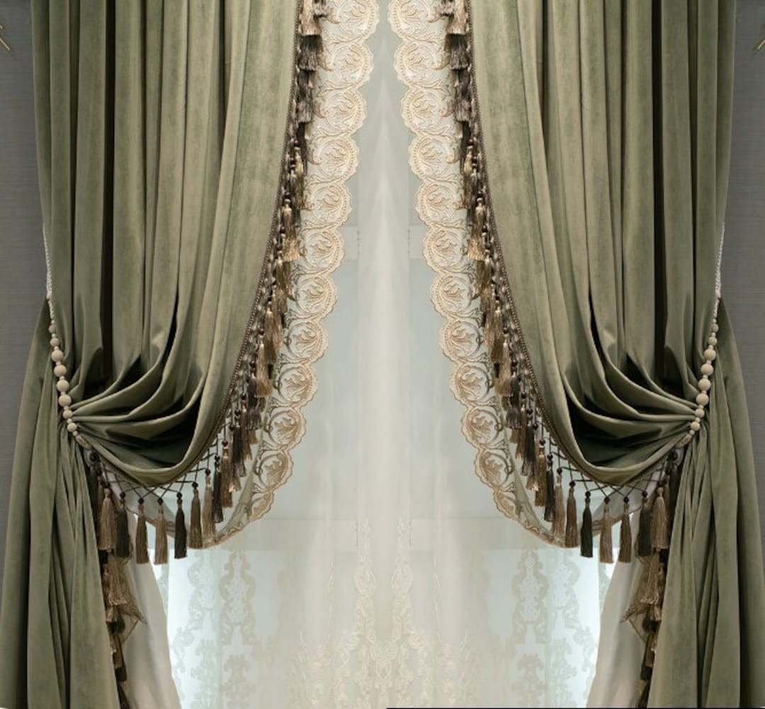 Handmade Custom Color Velvet Curtain With Trim Border for Living Room ...