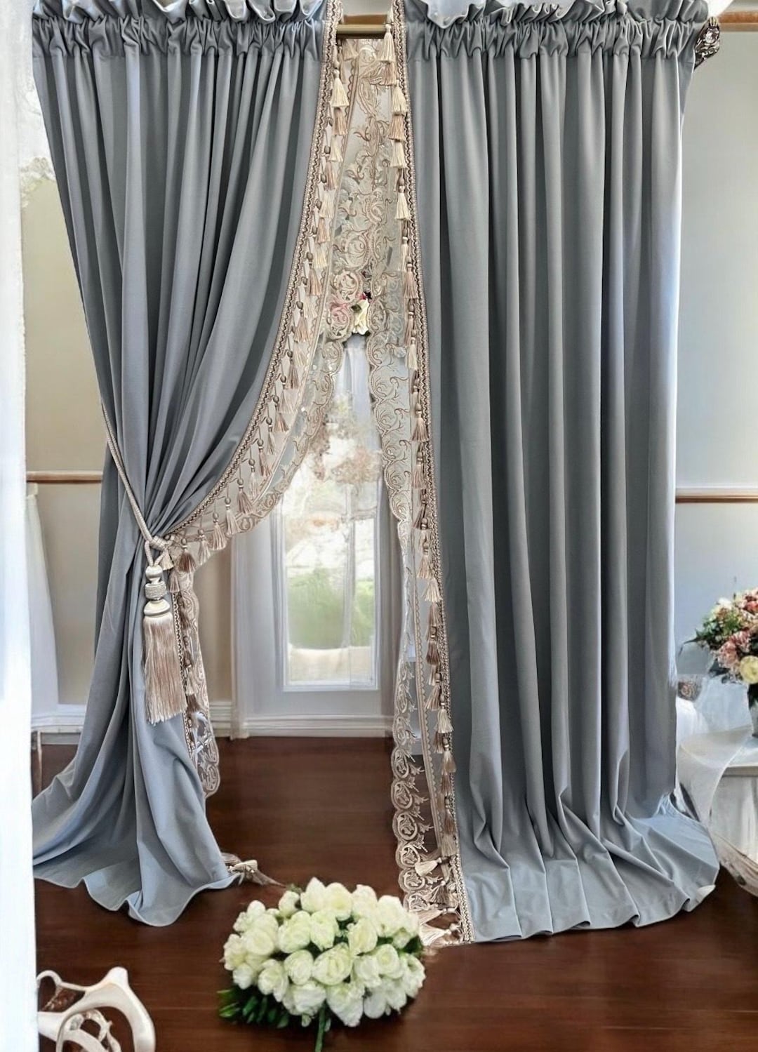 Handmade Custom Velvet Curtain With Fringe Trim Border and Sheer, Gray ...