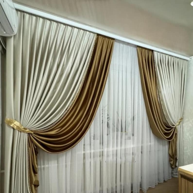 Handmade Custom Curtain, Ivory-bronze Splicing Pearl Trim, Curtain and ...