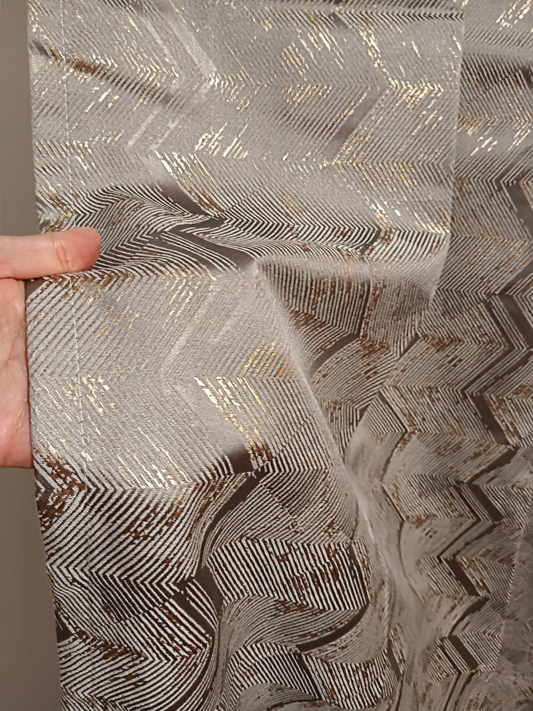 Custom Made Gray Silver Fabric With Gold Zigzag Pattern Drapery ...