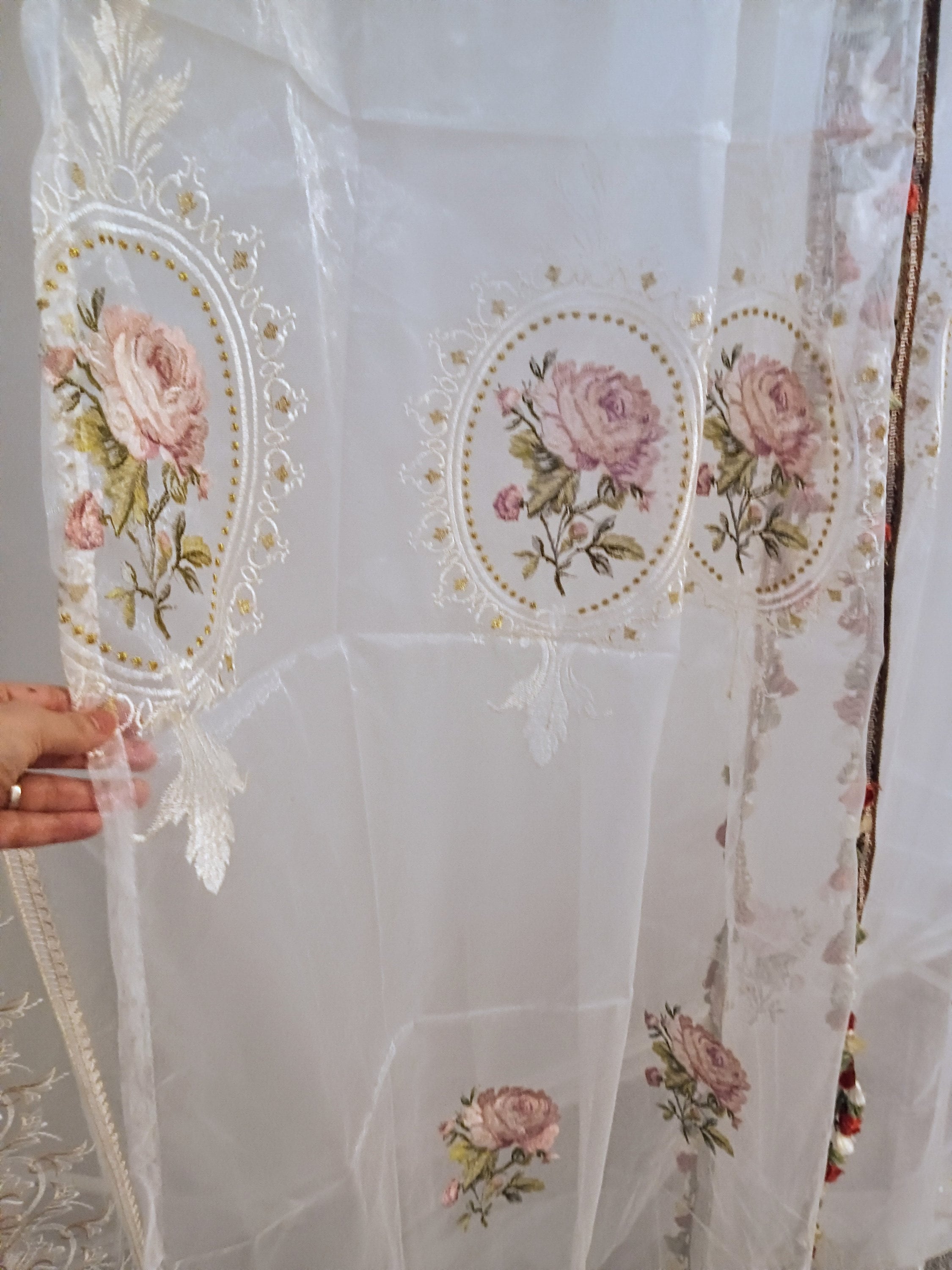Custom Made Rose Flower Embroidered Sheers, Elegant Style With Tassel ...
