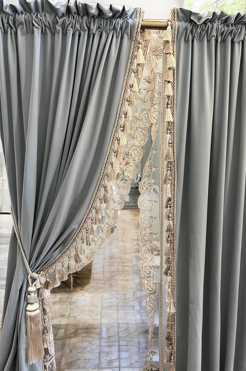 Handmade Custom Velvet Curtain With Fringe Trim Border and Sheer, Gray ...