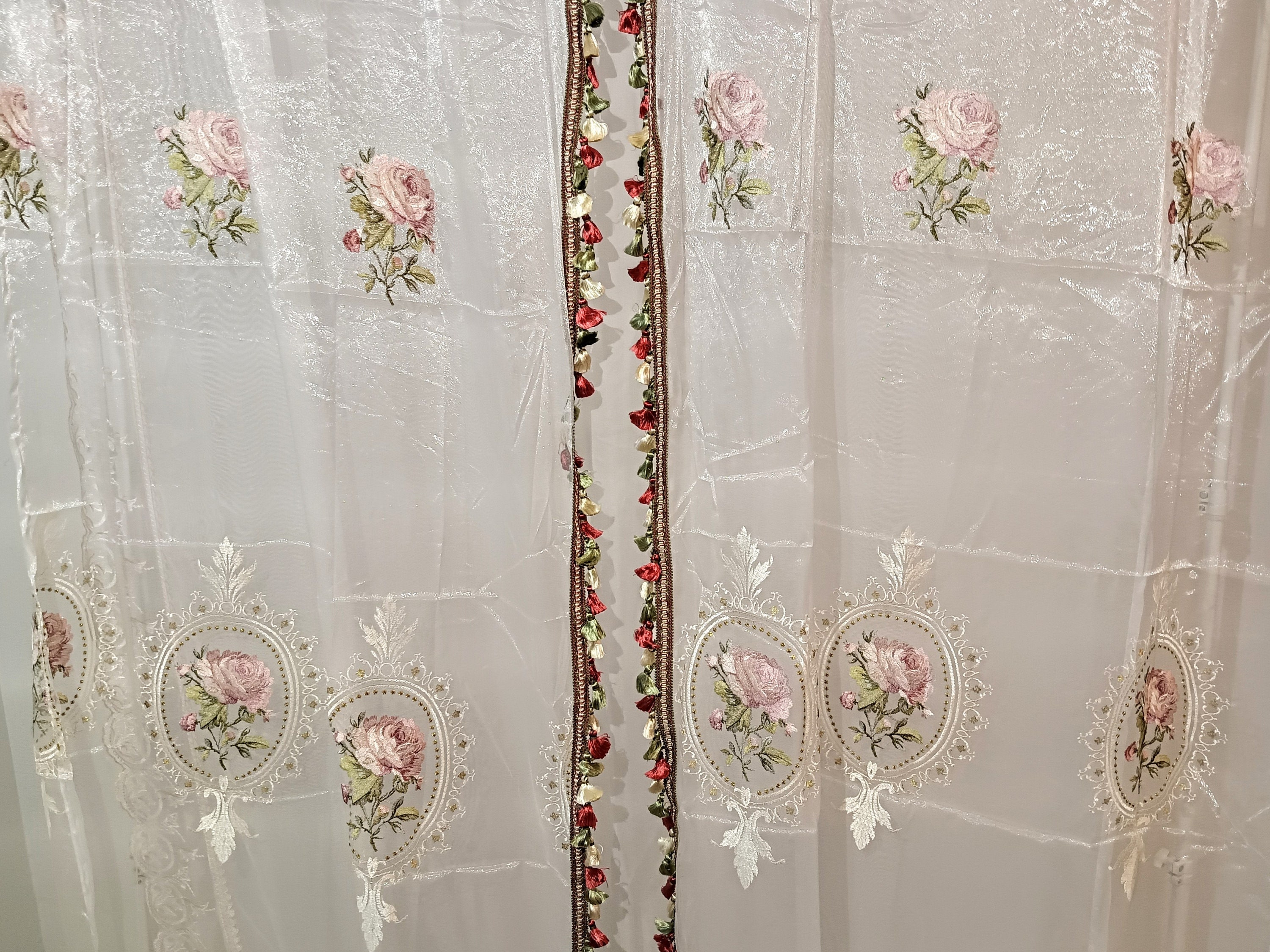 Custom Made Rose Flower Embroidered Sheers, Elegant Style With Tassel ...