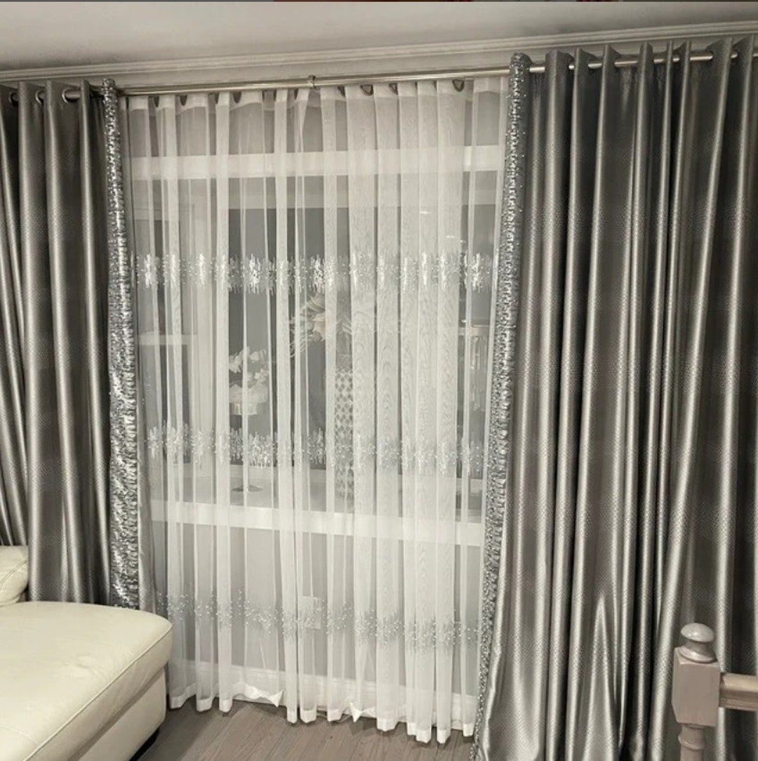 Handmade Elegant Gray Curtain With Sequin Splicing, Match White Sequin ...