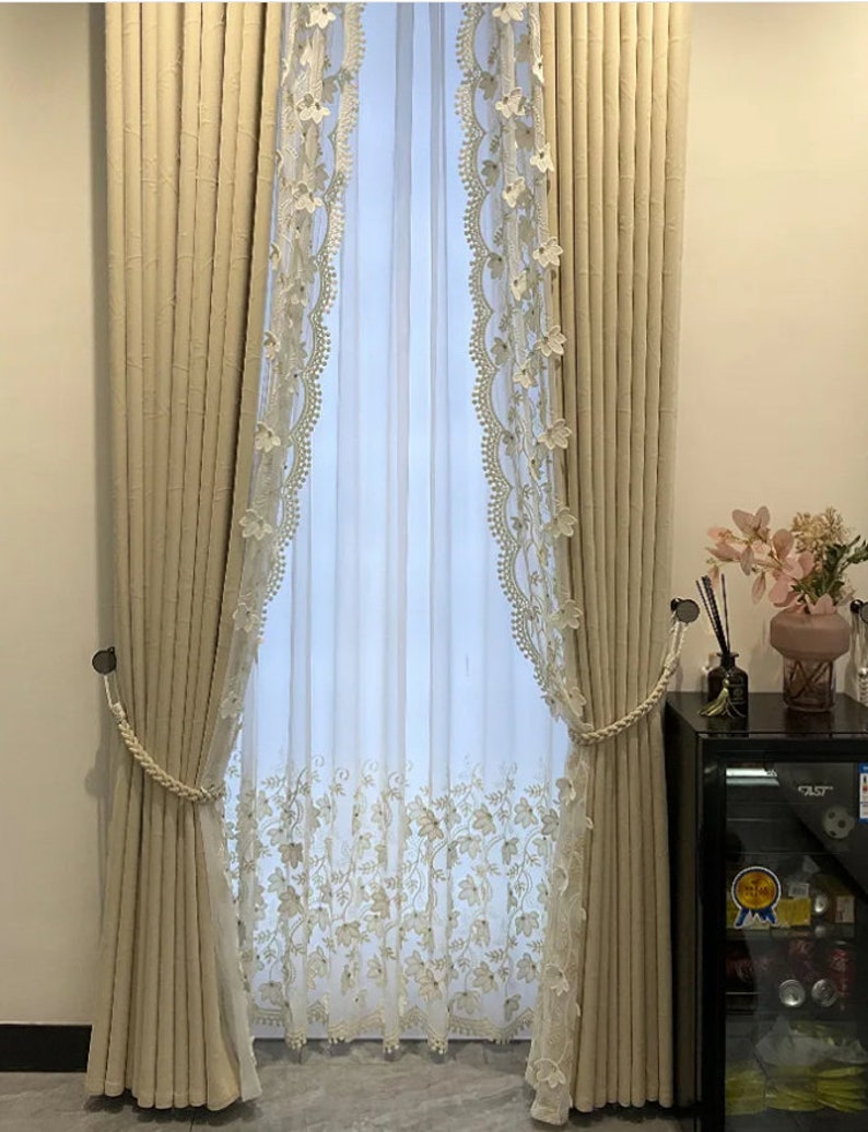 Custom Made Cream Beige Thick Relief Chenille Lace Embroidered Curtain ...
