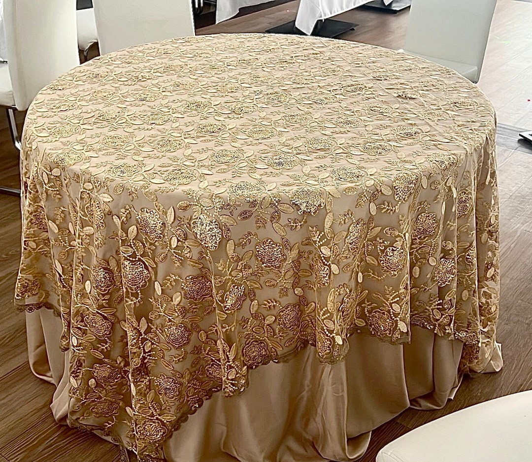GOLD Square Shape Embroidered Sequin Lace Tablecloth, Wedding, Hotel ...