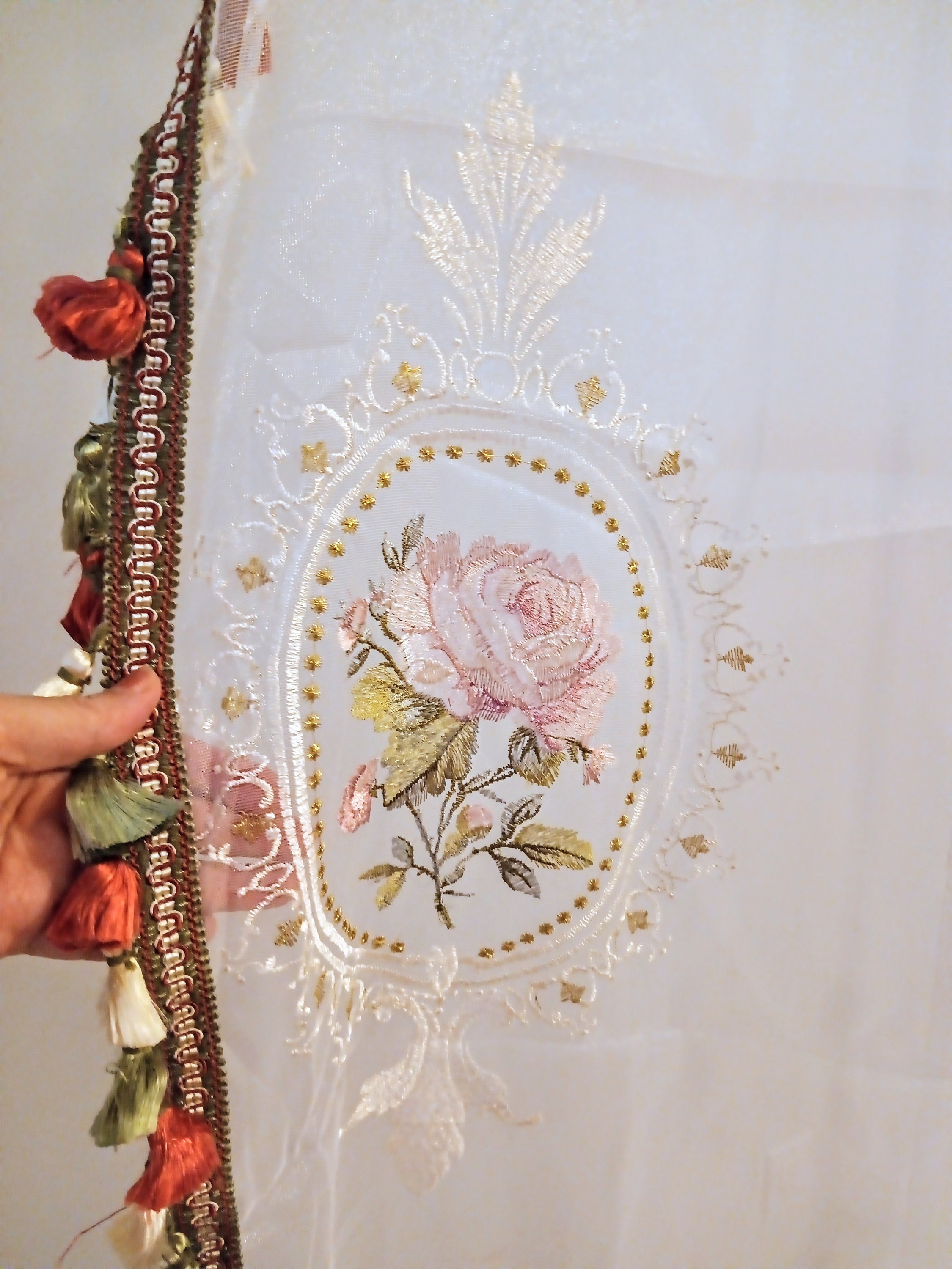 Custom Made Rose Flower Embroidered Sheers, Elegant Style With Tassel ...