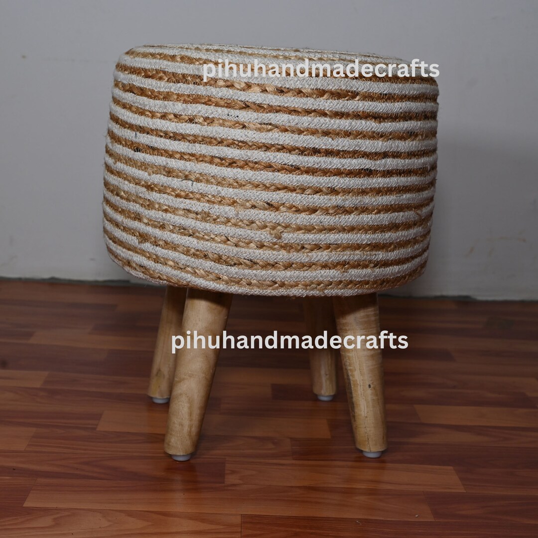 Natural Jute & White Cotton Pouffe Ottoman Footrest Stool Handmade ...