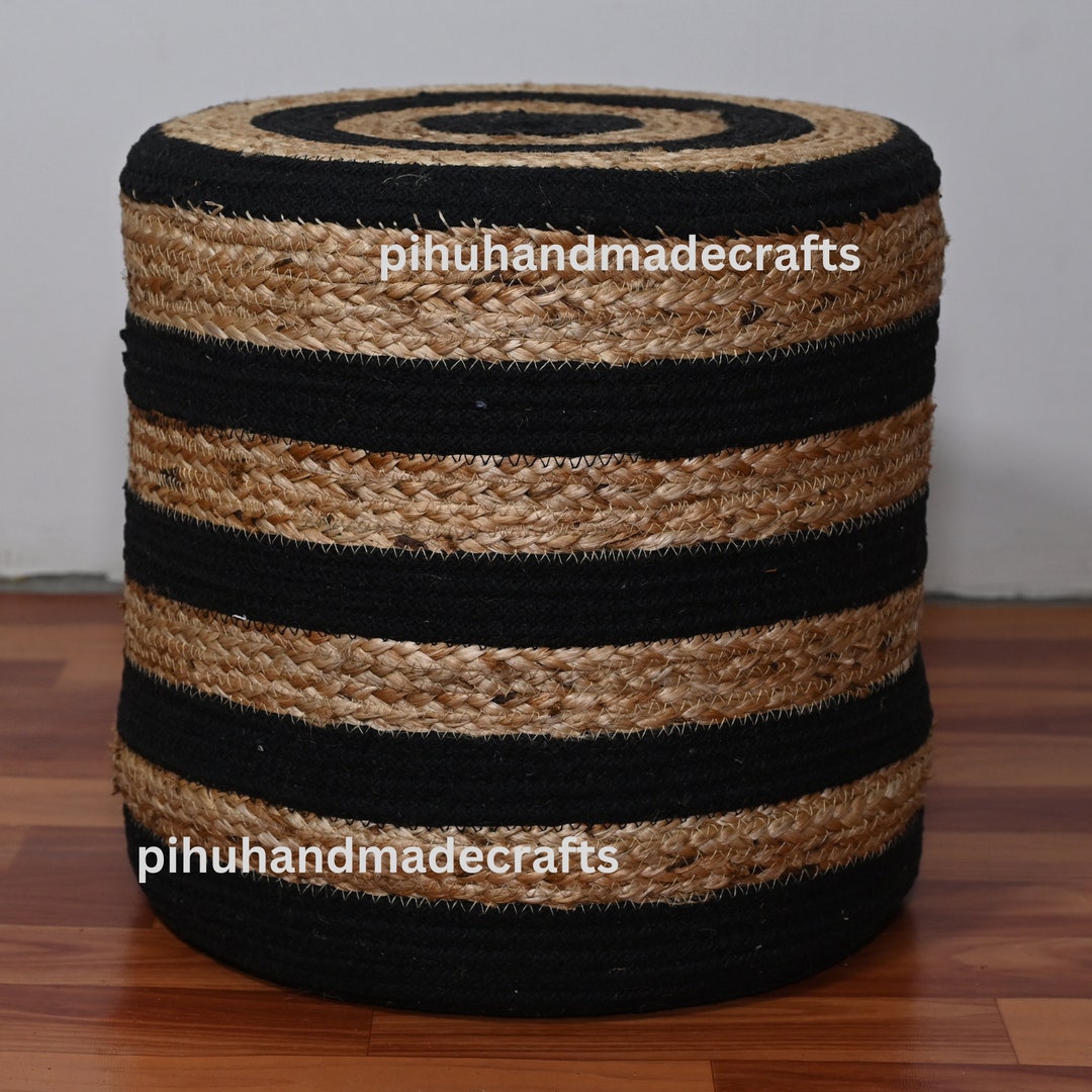 Natural Jute & Black Cotton Pouffe Ottoman Footrest Stool Handmade ...