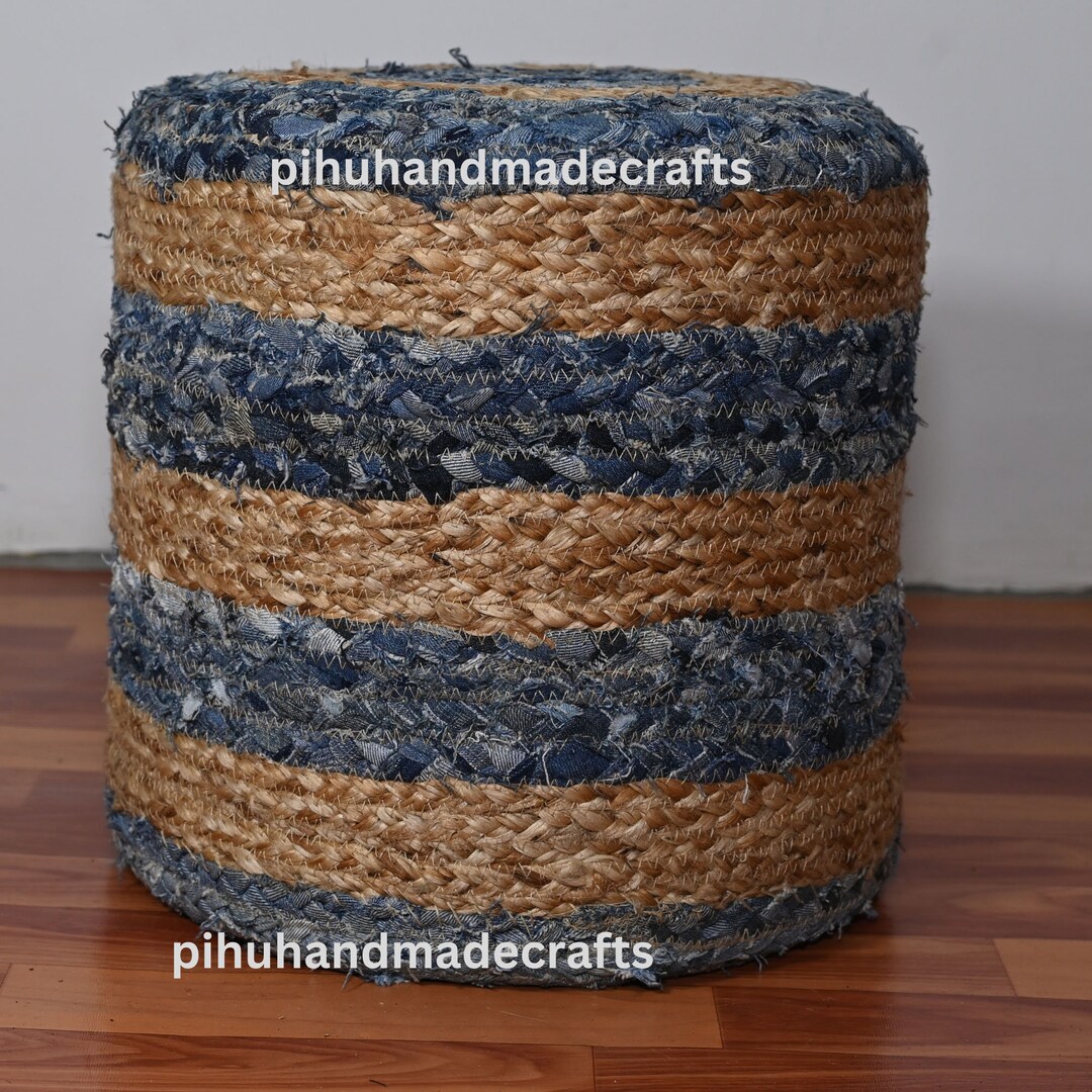 Natural Jute and Denim Pouffe Ottoman Footrest Stool Handmade ...