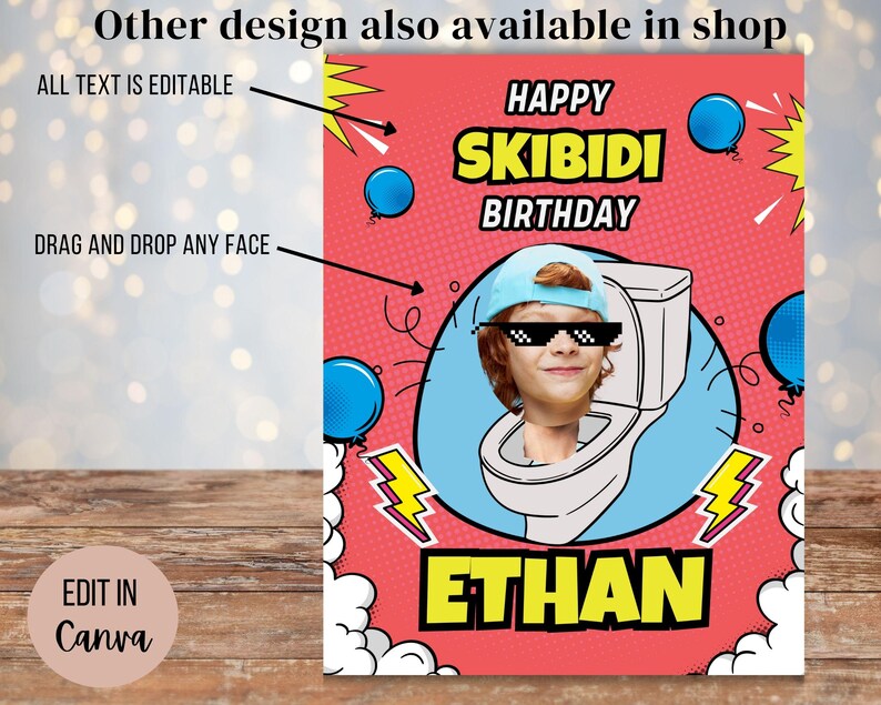 Customizable Skibidi Rizz Toilet Sigma Card. for Kids Birthday, Program ...