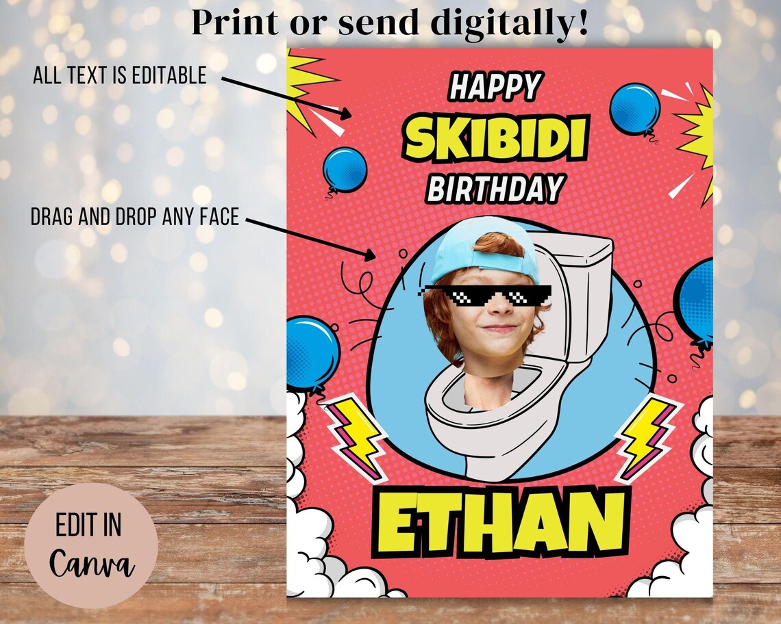 Skibidi Rizz Toilet Graphic. for Kids Birthday Card, Poster, Invite ...