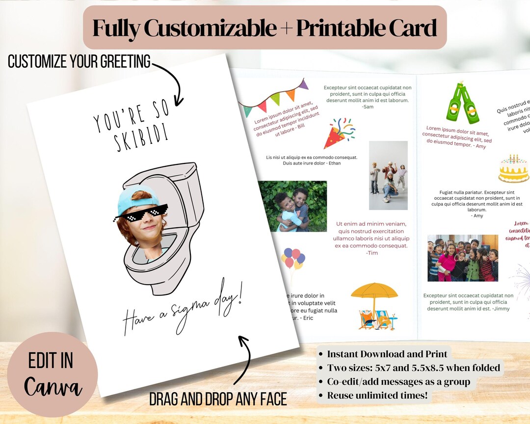 Customizable Skibidi Rizz Toilet Sigma Card. for Kids Birthday, Program ...