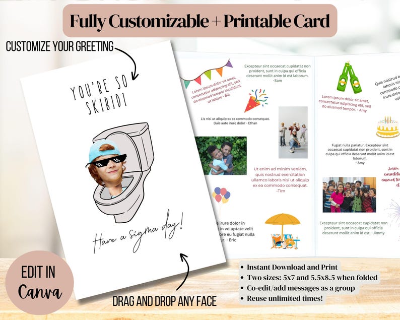 Customizable Skibidi Rizz Toilet Sigma Card. for Kids Birthday, Program ...