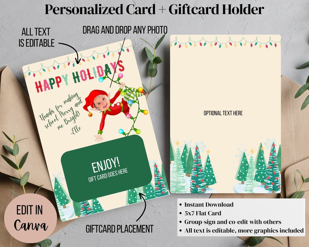 Face Insert Elf Christmas Card With Giftcard Holder. Great for Teachers ...